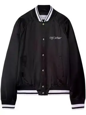 Off-White Satin Embroidered Logo Bomber Jacket