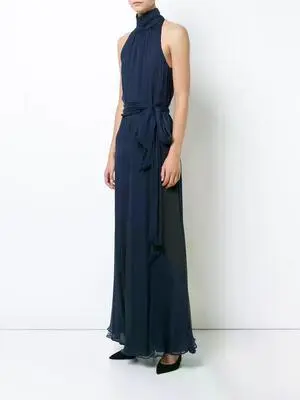 Voz Navy Silk Halterneck Maxi Jumpsuit With Tie Waist - Blue