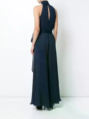 Voz Navy Silk Halterneck Maxi Jumpsuit With Tie Waist - Blue