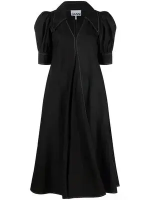 GANNI Puff-sleeved Box-pleat Dress - Black