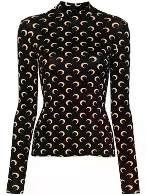 MARINE SERRE Crescent Moon Print Mock Neck Long Sleeve Top - Black