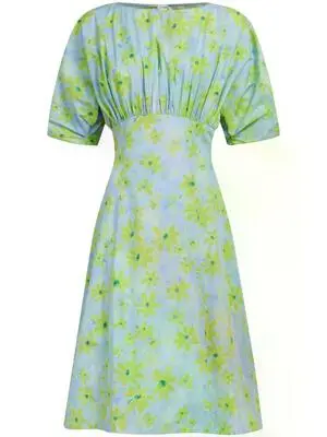 Marni Gathered Floral-print Cotton Dress - Blue
