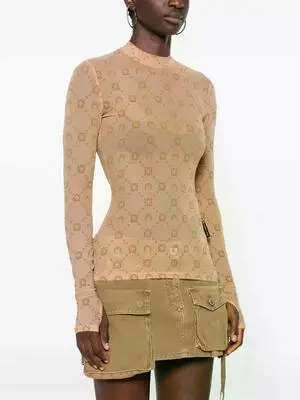 MARINE SERRE Logo-pattern Mock Neck Long Sleeve Top - Neutrals