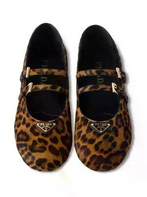 Prada Leopard-print Leather Ballet Flats With Double Strap And Logo Detail