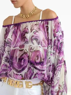 Dolce & Gabbana Graphic-print Off-shoulder Silk Blouse