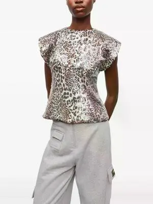 GANNI Sequined Leopard Print Cap Sleeve Blouse
