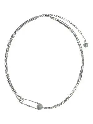 Versace Safety Pin Embellished Double Chain Necklace - Silver