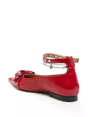 GANNI Patent Leather Bow Detail Ballet Flats With Anklet - Red