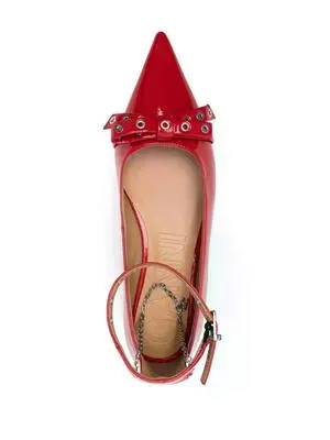 GANNI Patent Leather Bow Detail Ballet Flats With Anklet - Red