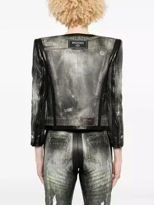 Balmain Denim-print Leather Jacket