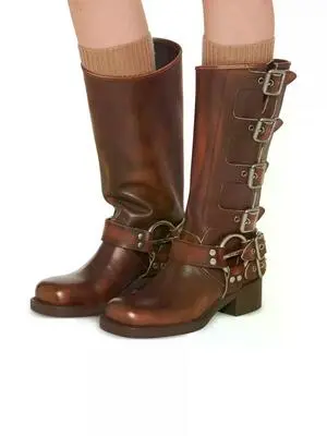 Miu Miu Buckle-detail Leather Mid-calf Boots - Brown