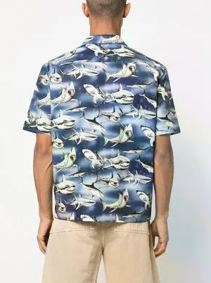 Palm Angels Sharks-print Bowling Shirt - Blue