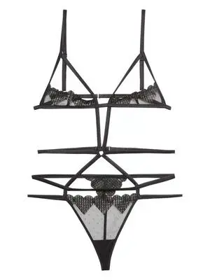 FLEUR DU MAL Heart Embroidered Ouvert Bondage Bodysuit - Black