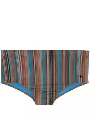 AMIR SLAMA Logo-plaque Striped Swim Shorts - Neutrals