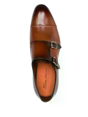 Santoni Polished Leather Monk Shoes - Brown