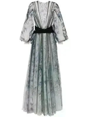 SAIID KOBEISY Abstract-print Belted Gown - Grey