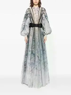 SAIID KOBEISY Abstract-print Belted Gown - Grey