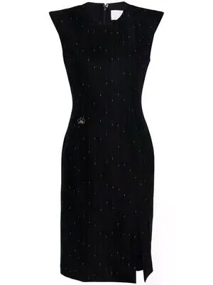 GENNY Pinstriped Bodycon Midi Dress With Floral Appliqu