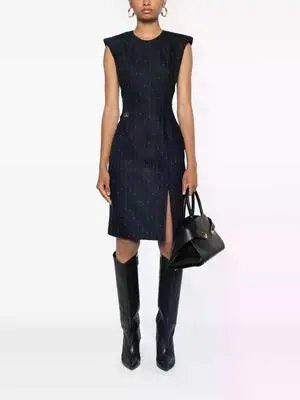 GENNY Pinstriped Bodycon Midi Dress With Floral Appliqu