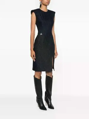 GENNY Pinstriped Bodycon Midi Dress With Floral Appliqu