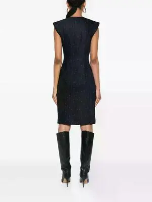 GENNY Pinstriped Bodycon Midi Dress With Floral Appliqu