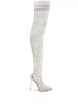 LE SILLA Gilda 120mm Rhinestone Fishnet Boots - Gold