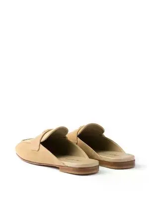 Prada Suede Mule With Enameled Metal Triangle Logo - Neutrals