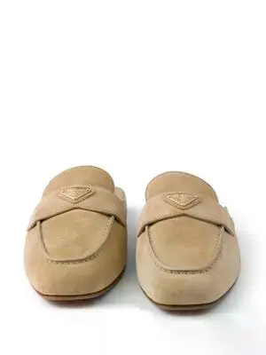 Prada Suede Mule With Enameled Metal Triangle Logo - Neutrals