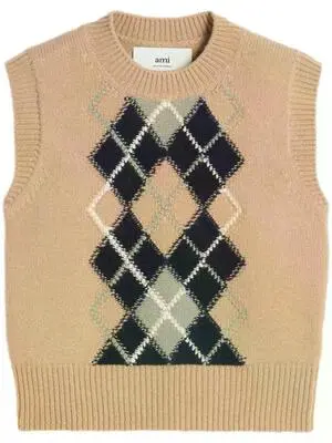 AMI Paris Check-pattern Wool-blend Vest - Neutrals
