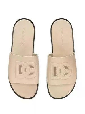 Dolce & Gabbana Embossed-logo Leather Slides - Neutrals