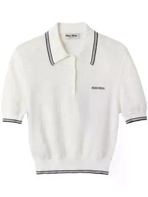 Miu Miu Cotton Polo Top With Stripe Detail - White