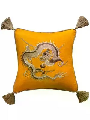 LES-OTTOMANS Dragon Embroidered Cushion - Yellow