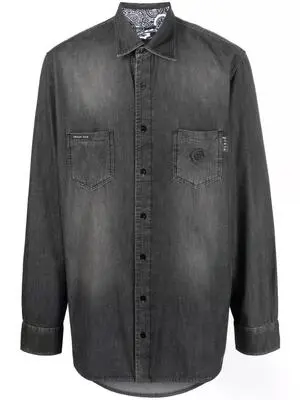 Philipp Plein Rhinestone Skull-print Denim Shirt - Grey