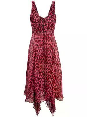 Versace Logo-print Asymmetric-hem Silk Dress