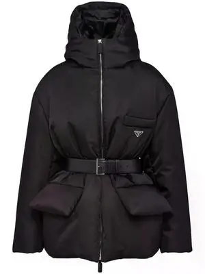 Prada Re-nylon Hooded Down Jacket With Belt