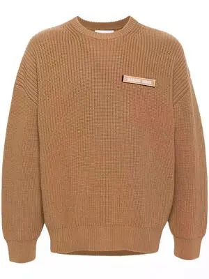MARINE SERRE Camel Brown Merino Wool Ribbed Crew Neck Sweater