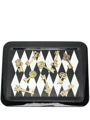 FORNASETTI Gold Keys-print Rectangular Tray - Black