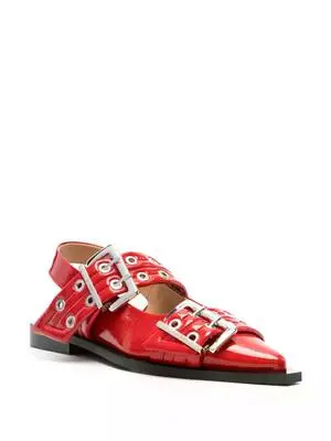 GANNI Wide Welt Buckled Ballerina Shoes - Red
