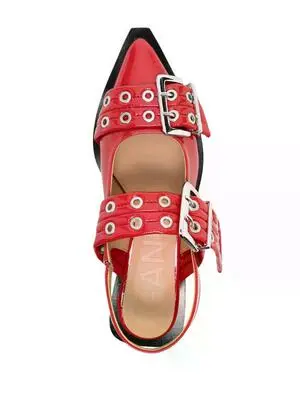 GANNI Wide Welt Buckled Ballerina Shoes - Red