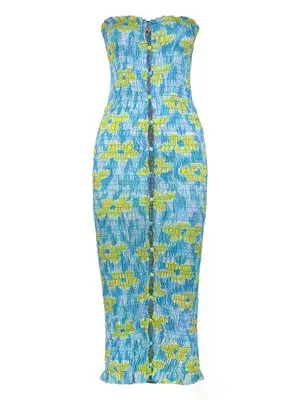 AMY CROOKES Floral Print Strapless Midi Dress - Blue