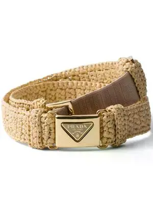Prada Enamel-logo Raffia Belt - Neutrals