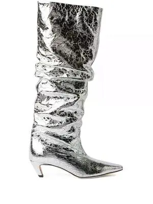 MSGM Ruched Foiled Leather Kitten Heel Boots