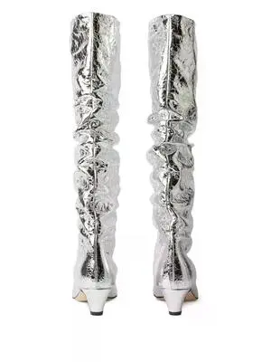 MSGM Ruched Foiled Leather Kitten Heel Boots