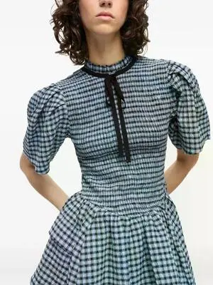GANNI Checked Seersucker Mini Dress - Blue