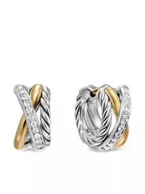 David Yurman 18kt Yellow Gold And Sterling Crossover Three Row Diamond Hoop Earrings - Silver