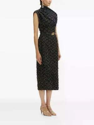 Oscar De La Renta Belted Asymmetric Neck Pencil Dress