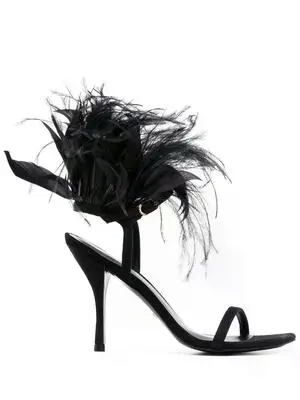 STUART WEITZMAN Feather-trimmed Stiletto Sandals - Black