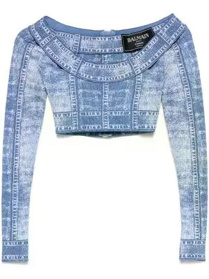 Balmain Trompe L'oeil-print Crop Top - Blue