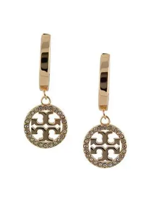 Tory Burch Miller Hoop Earrings With Pavé Crystal Double T Charm - Gold