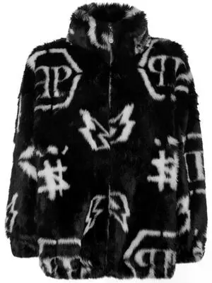 Philipp Plein Monogram-print Faux Fur Coat - Black